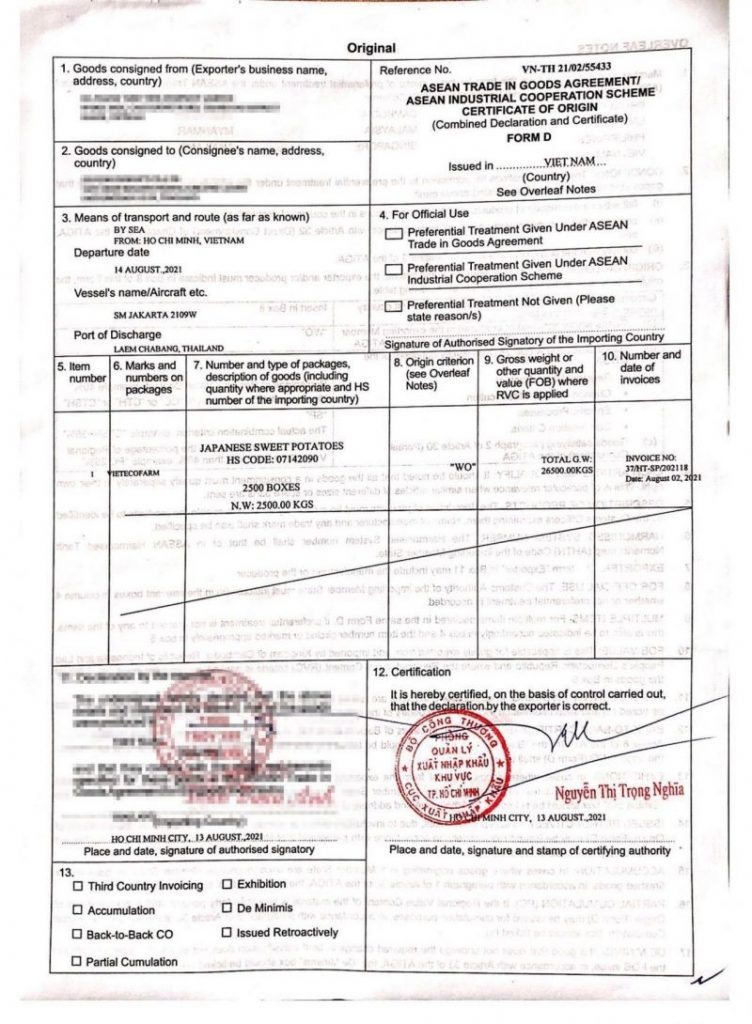 Tìm hiểu CO form D xuất khẩu hàng hóa sang Thái Lan 2022